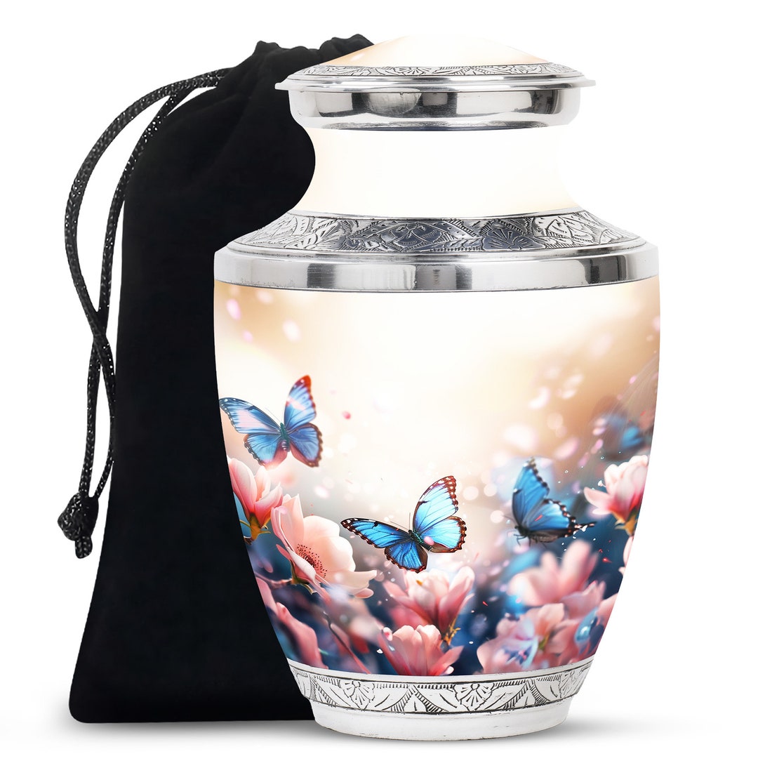 Blue Butterfly Urn for Human Ashes - Handcrafted Floral Memorial Urn ...
