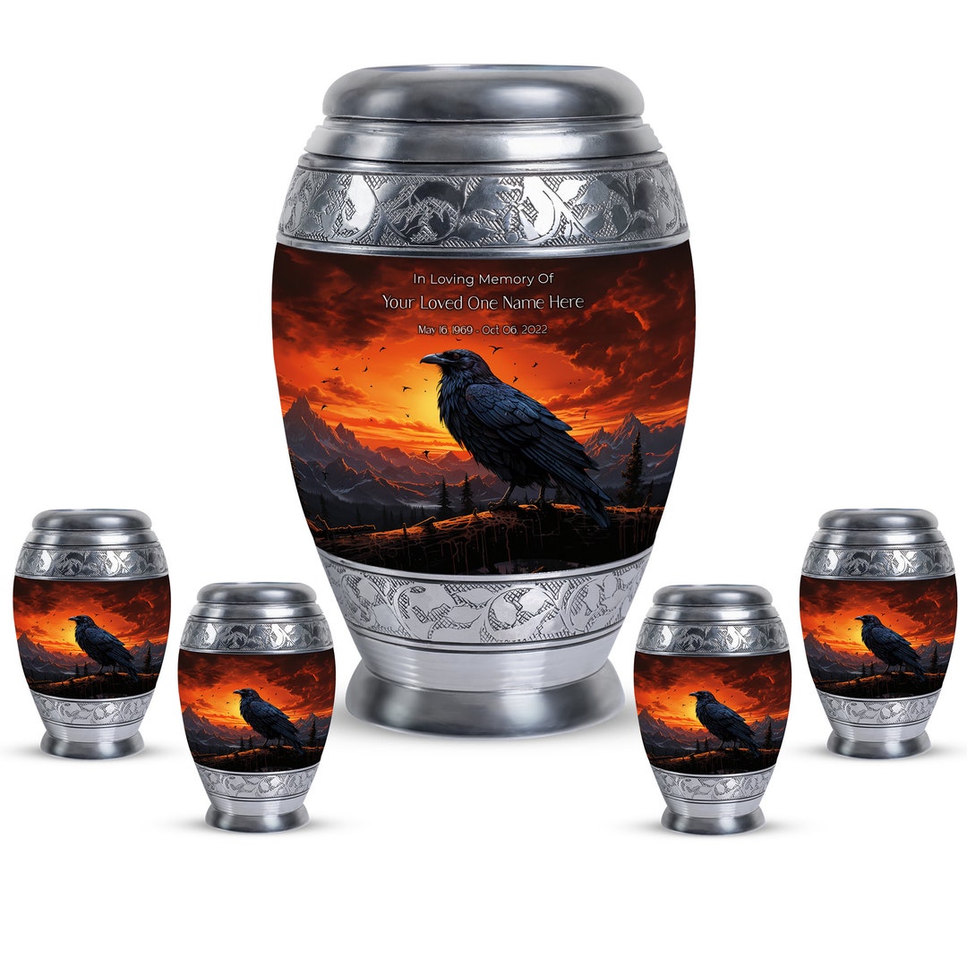 Raven Sunset Majestic Mountain Metal Memorial Urn Upto 200 Cubic Inches ...