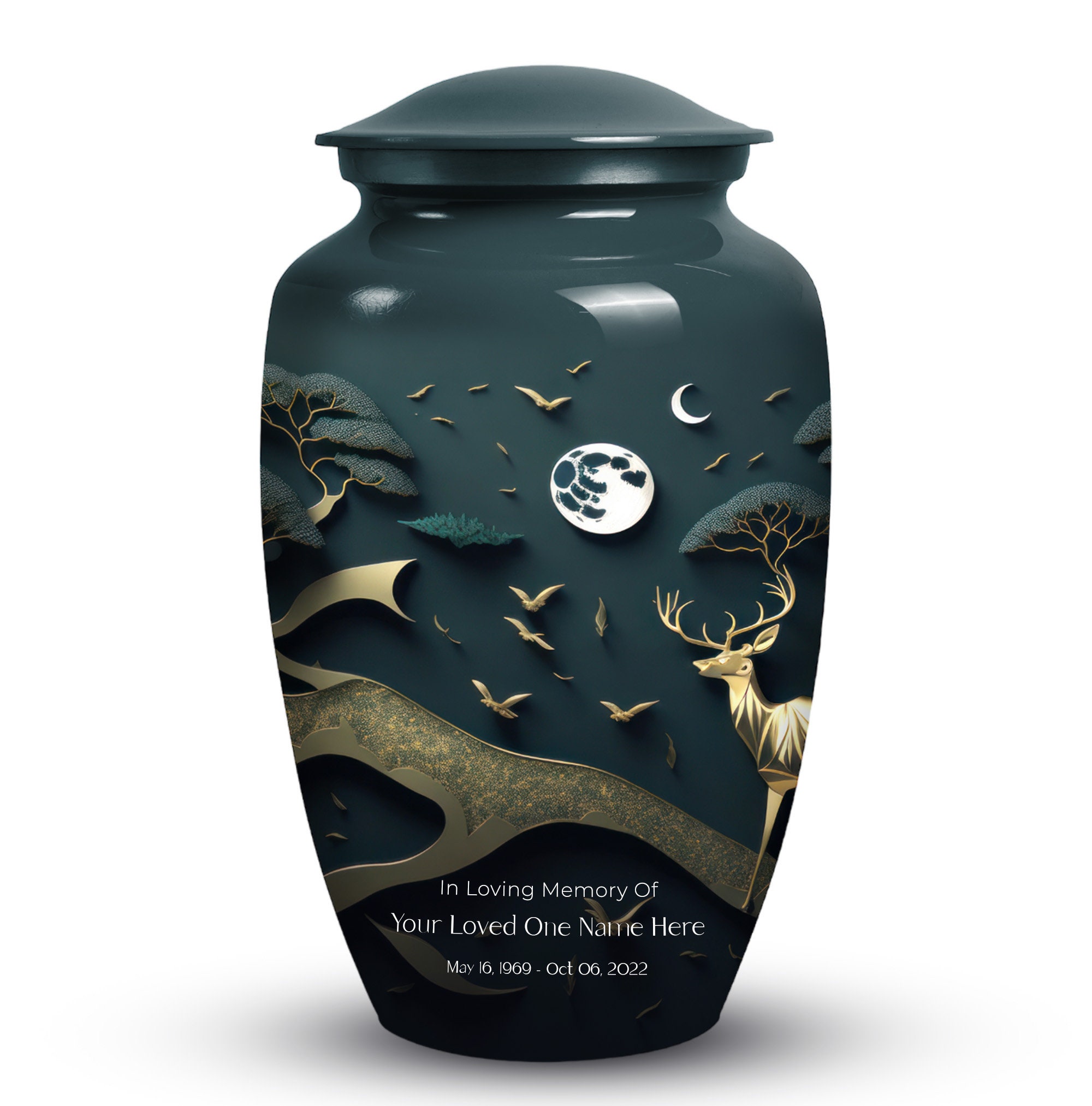 Mystical Stag and Moon Phase Urn Nature-inspired Green and Gold ...
