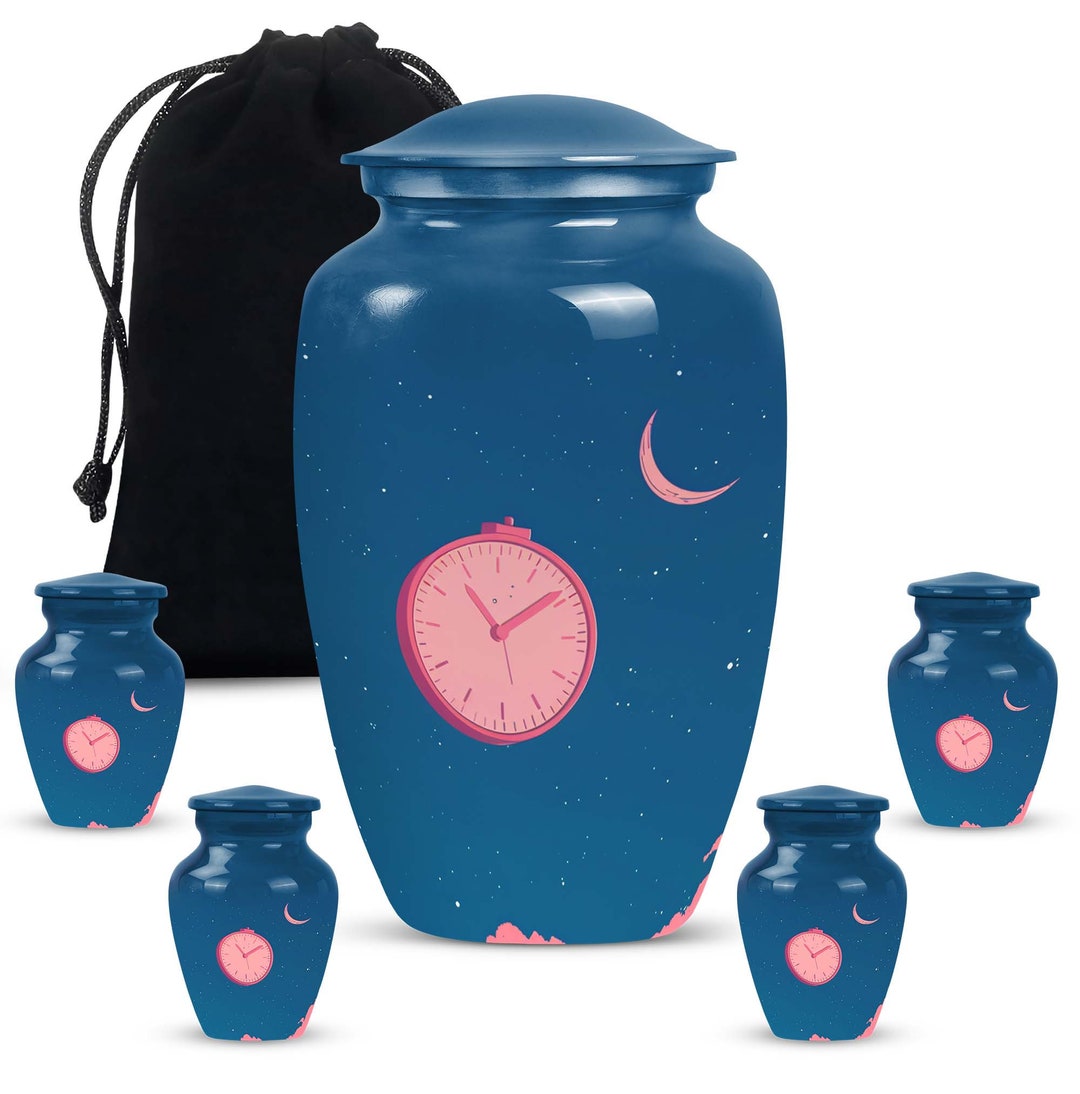 Midnight Indigo Blue Adult Cremation Urns for Human Ashes With Timeless Pink Dial Moon Starry ...