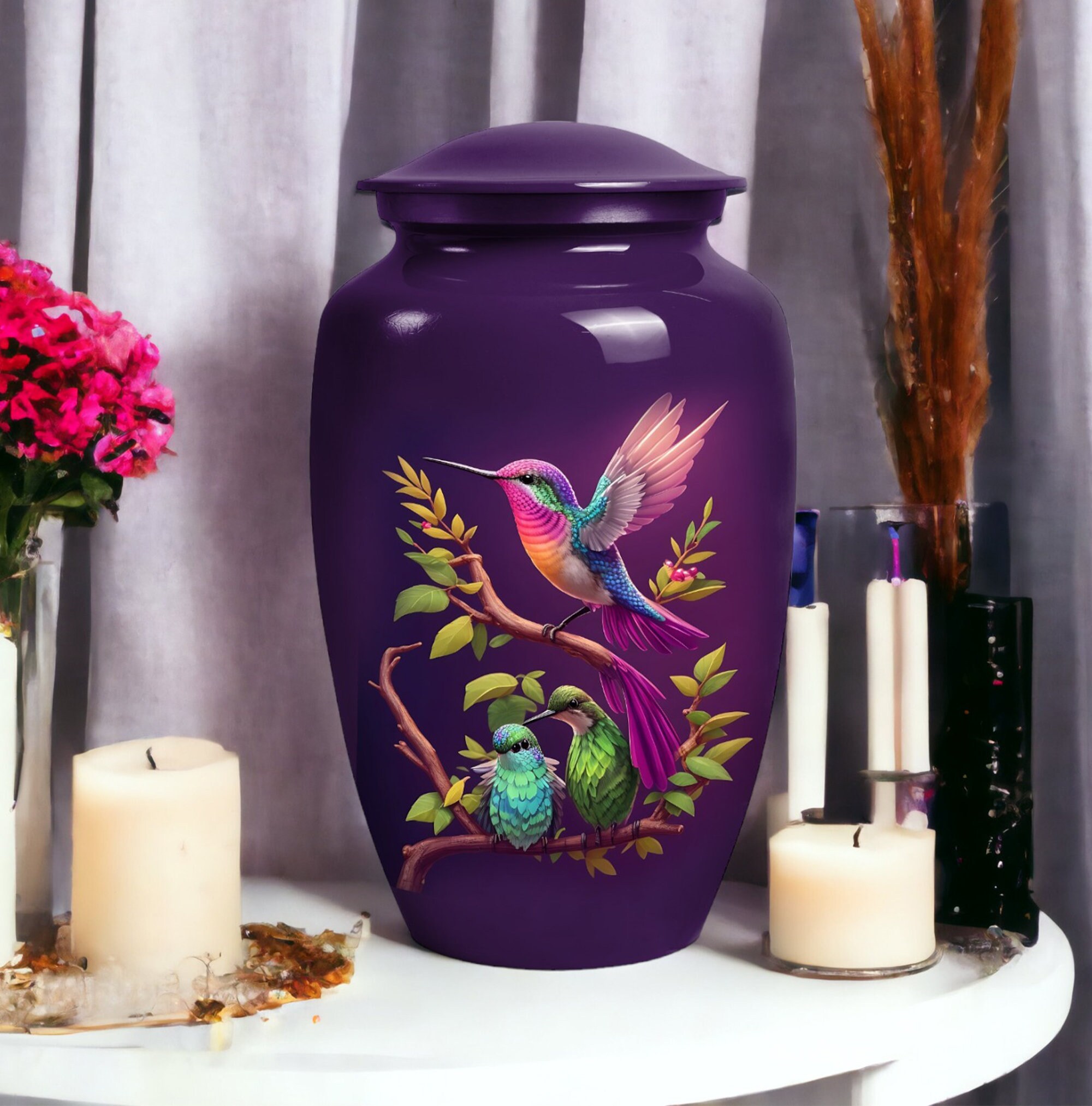 Purple Hummingbird and Floral Adult Cremation Urn Elegant Keepsake for ...