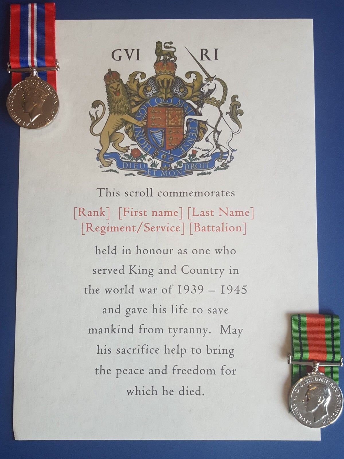 Replica World War II WW2 Memorial Scroll With Inscription of Recipients ...