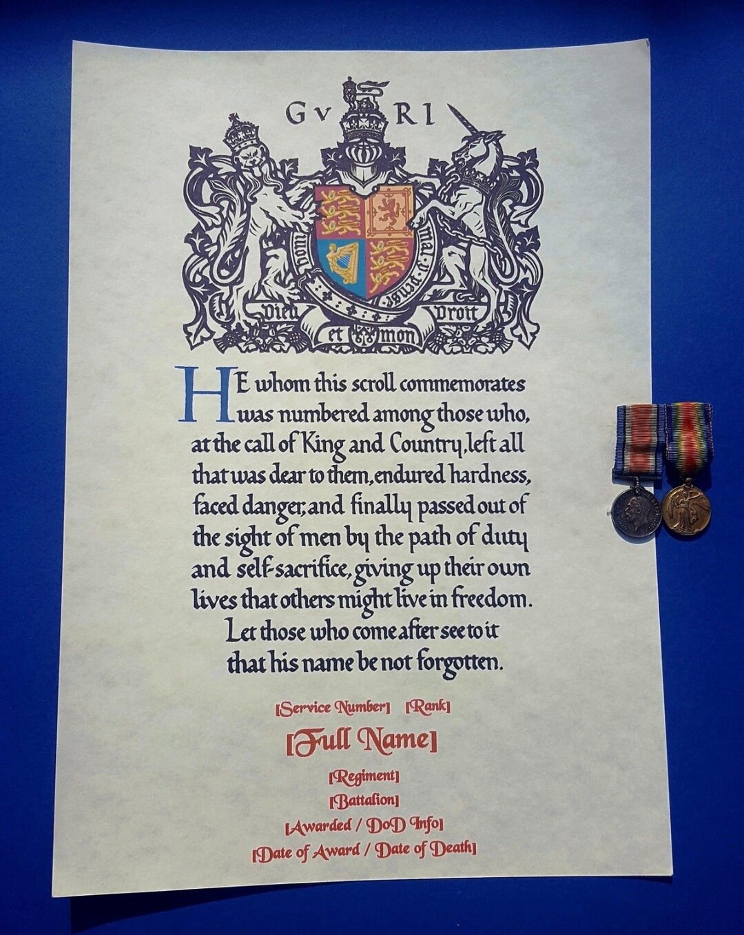 WWI Memorial Scroll With Personalised Inscription - Reproduction Great ...