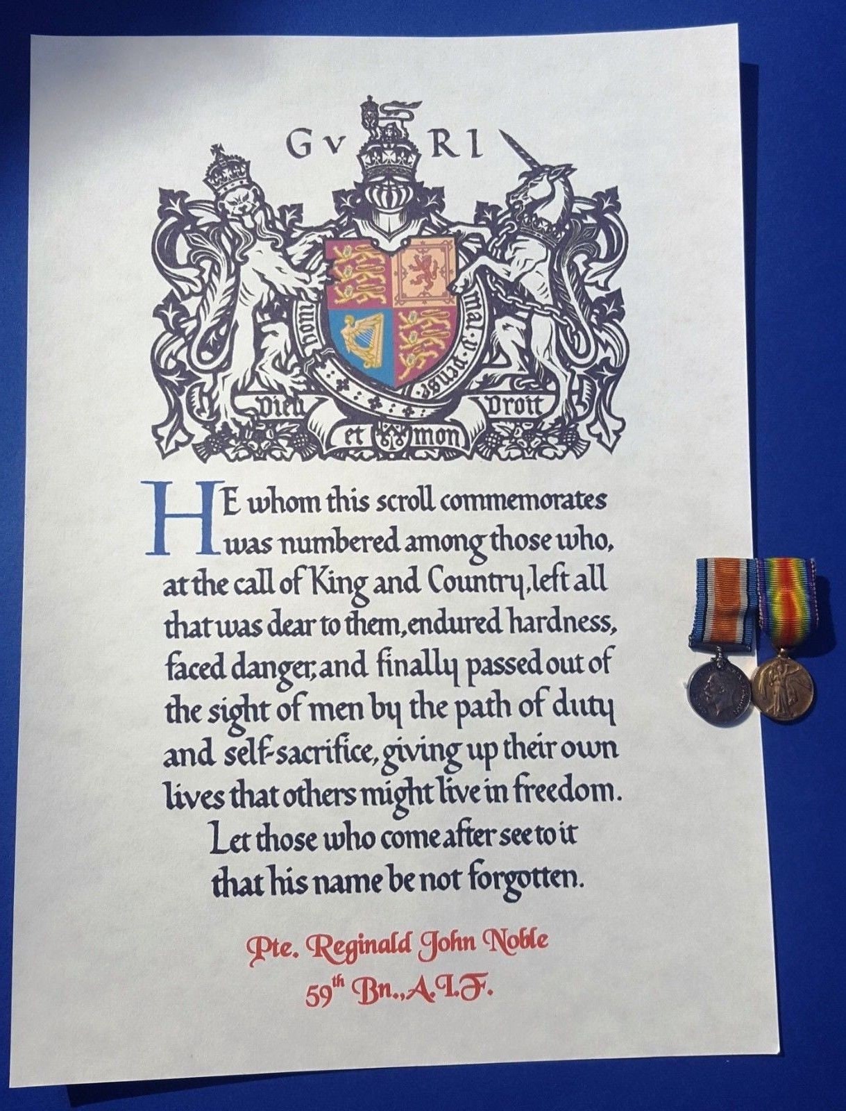 WWI Memorial Scroll With Personalised Inscription - Reproduction Great ...