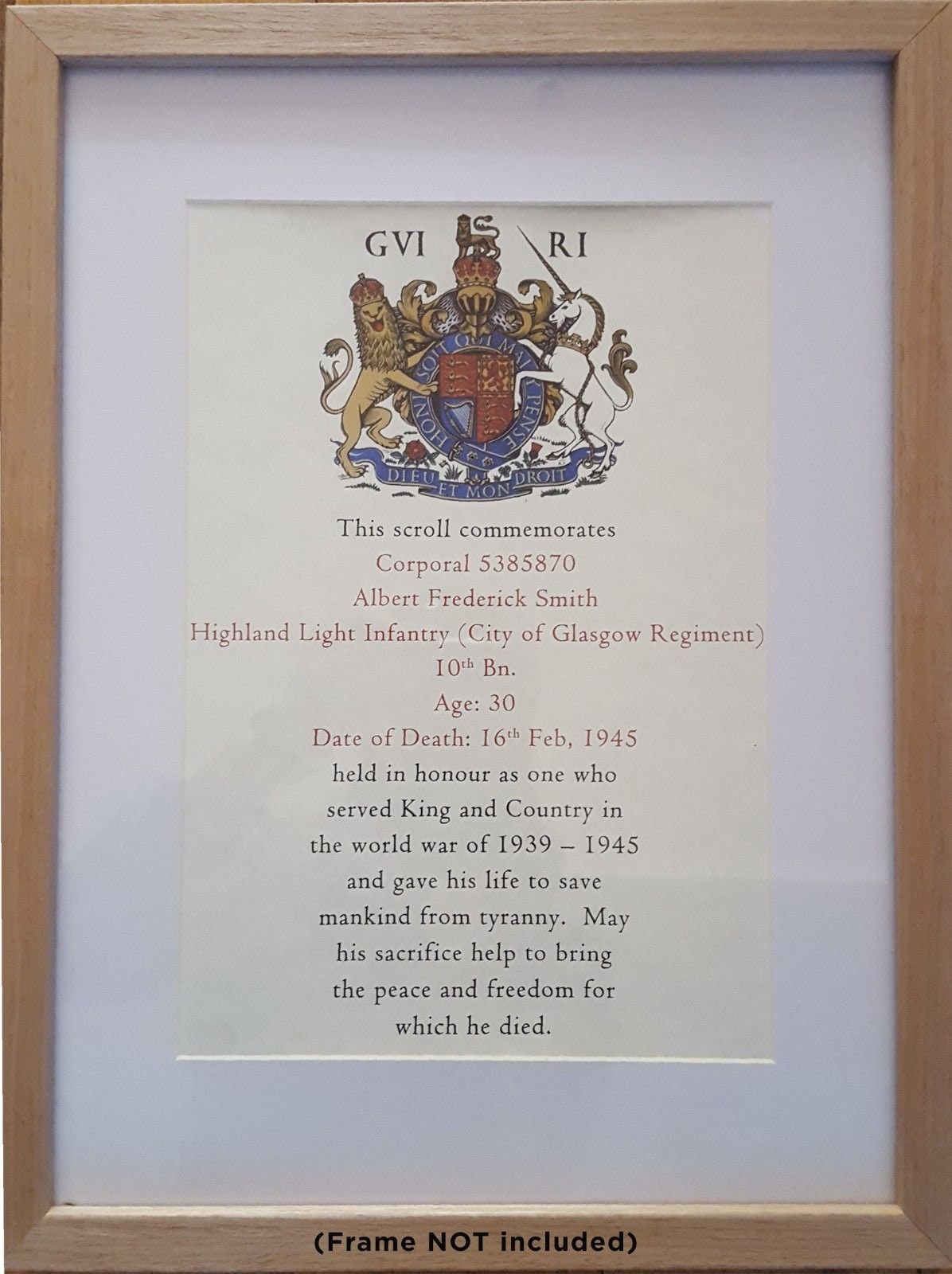 Replica World War II WW2 Memorial Scroll With Inscription of Recipients ...