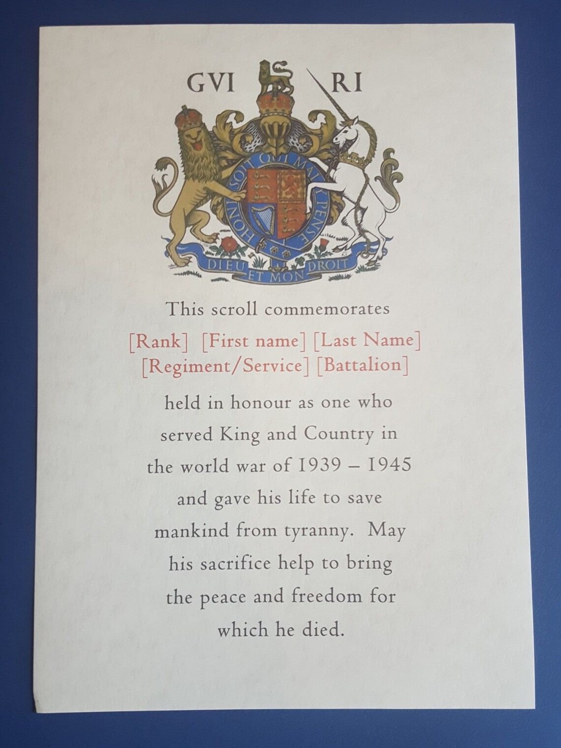 Replica World War II WW2 Memorial Scroll With Inscription of Recipients ...