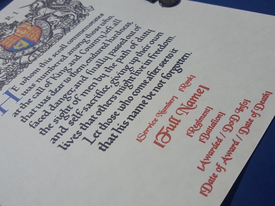 WWI Memorial Scroll With Personalised Inscription - Reproduction Great ...