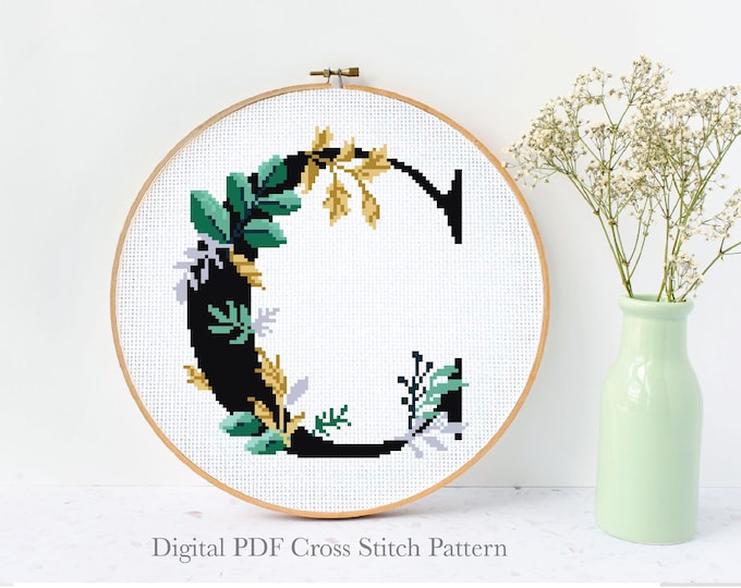 Letter C Floral Modern Cross Stitch Pattern, Flower Counted Cross ...