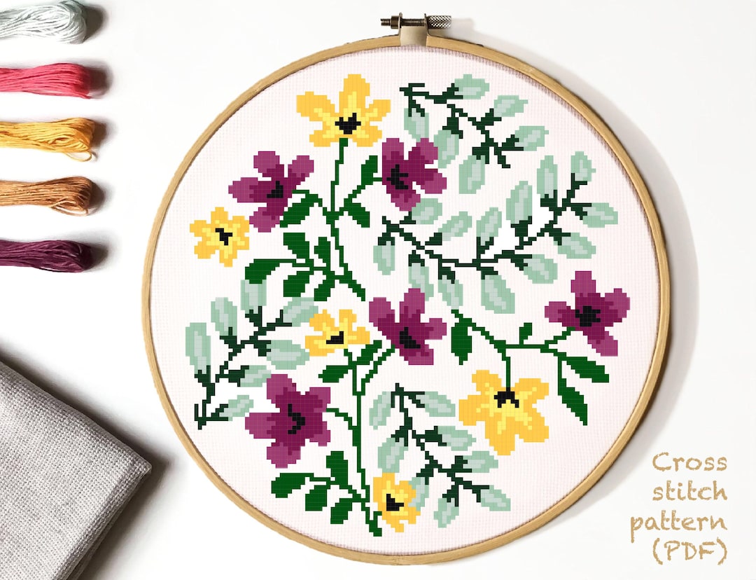 Floral Cross Stitch Pattern, Flower Cross Stitch Chart, Hoop Embroidery ...