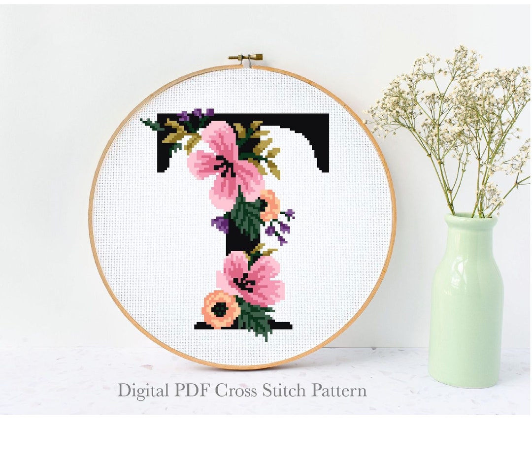 Letter T Floral Modern Cross Stitch Pattern, Flower Counted Cross ...