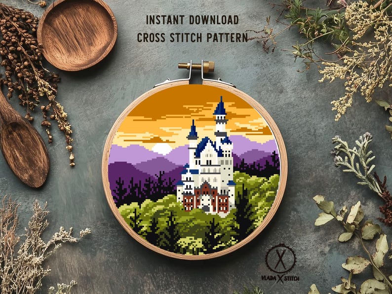 Landscape Modern Cross Stitch Pattern, Germany Counted Chart, Mountain ...