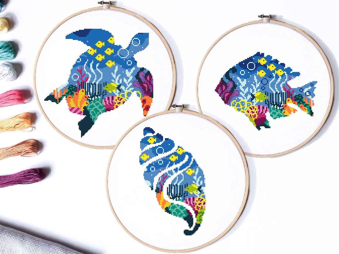 Turtle, Fish, Shell Modern Cross Stitch Pattern, Sea, Ocean Cross ...