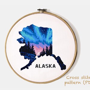 Alaska State US Modern Cross Stitch Pattern, Northern Lights, Nature ...