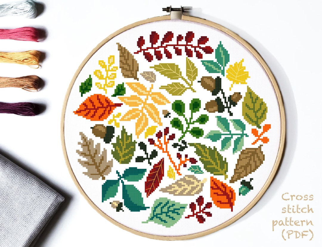 Leaves Modern Cross Stitch Pattern, Flower Cross Stitch Chart, Hoop ...