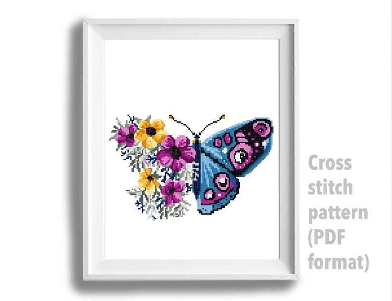 Floral Butterfly Modern Cross Stitch Pattern flowers counted | Etsy