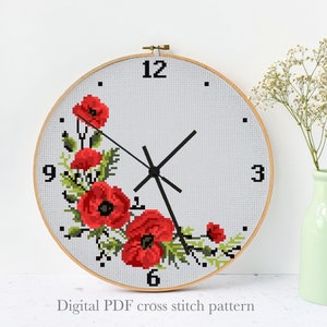 Clock Modern Cross Stitch Pattern, Cross Stitch Flowers, Nature ...