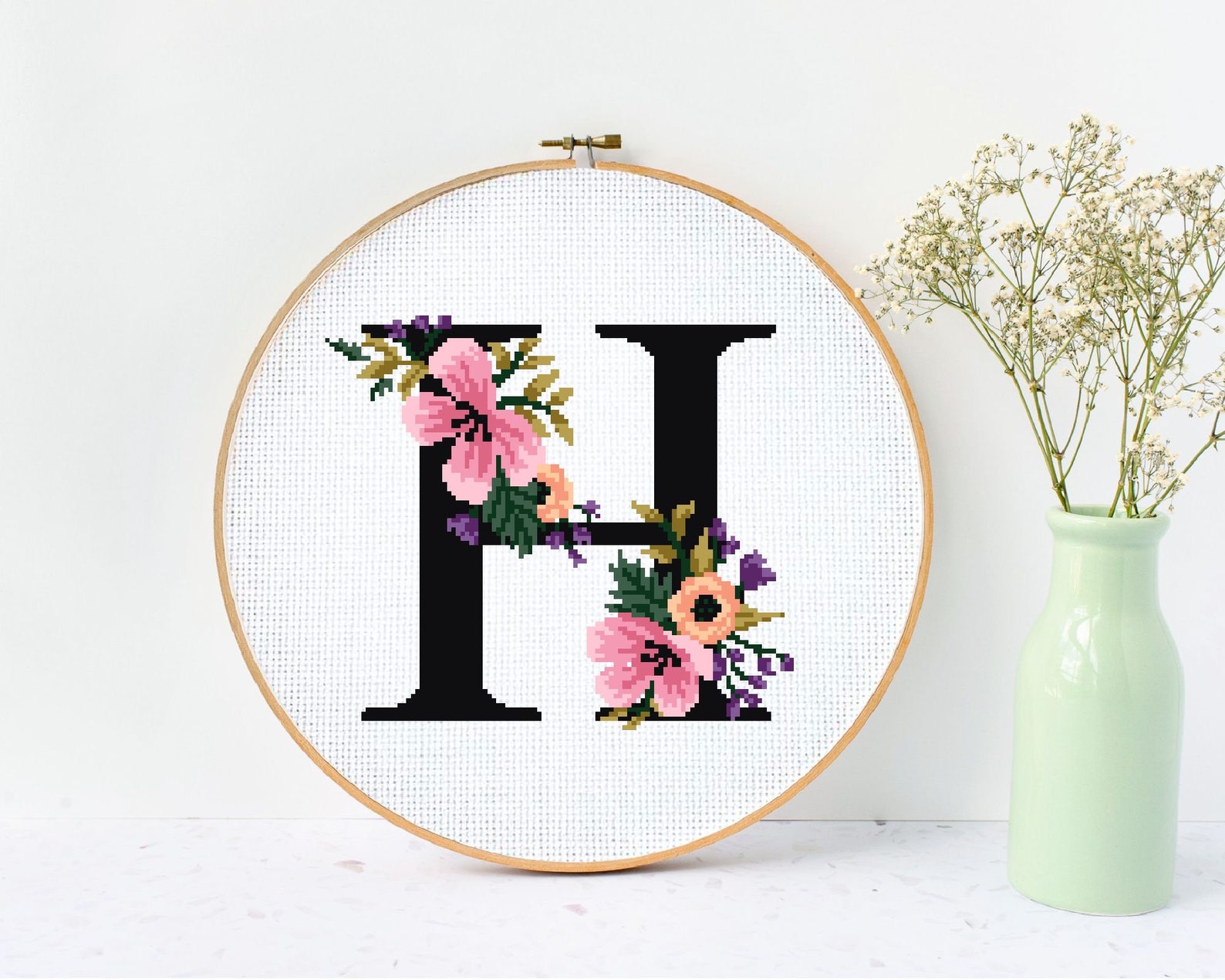 Letter H Floral Modern Cross Stitch Pattern, Flowers Counted Cross ...