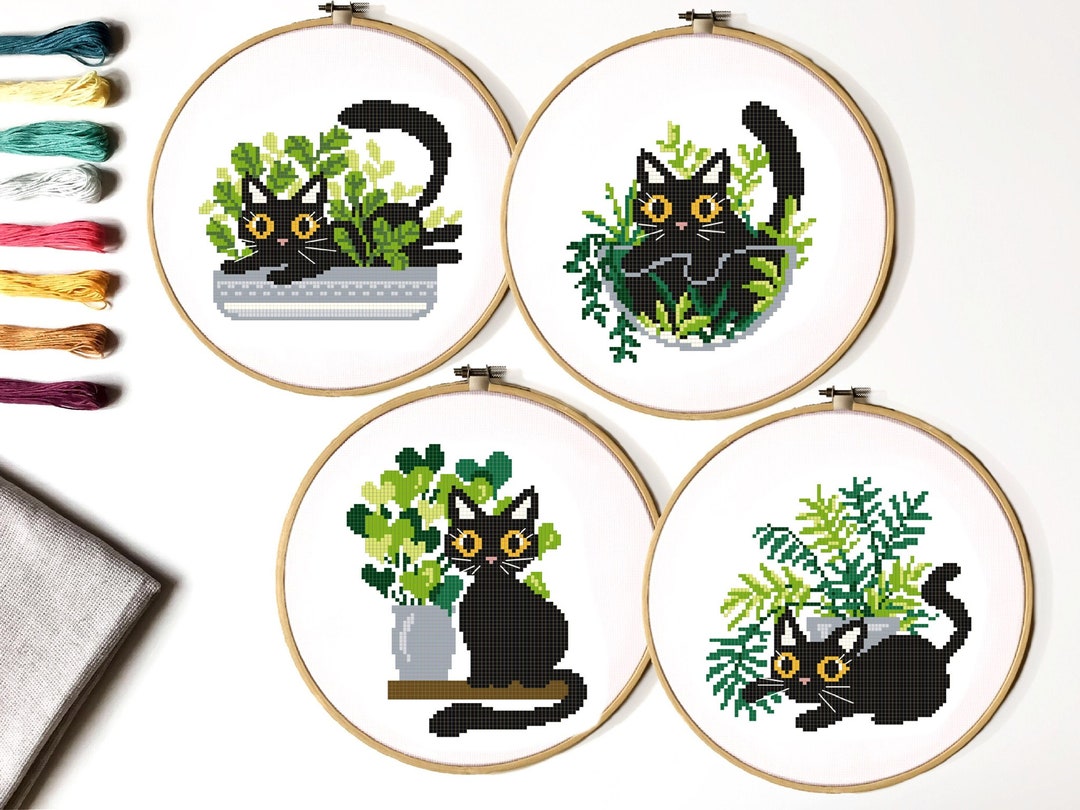 Set of 4 Cats Modern Cross Stitch Pattern, Flowers Counted Cross Stitch ...