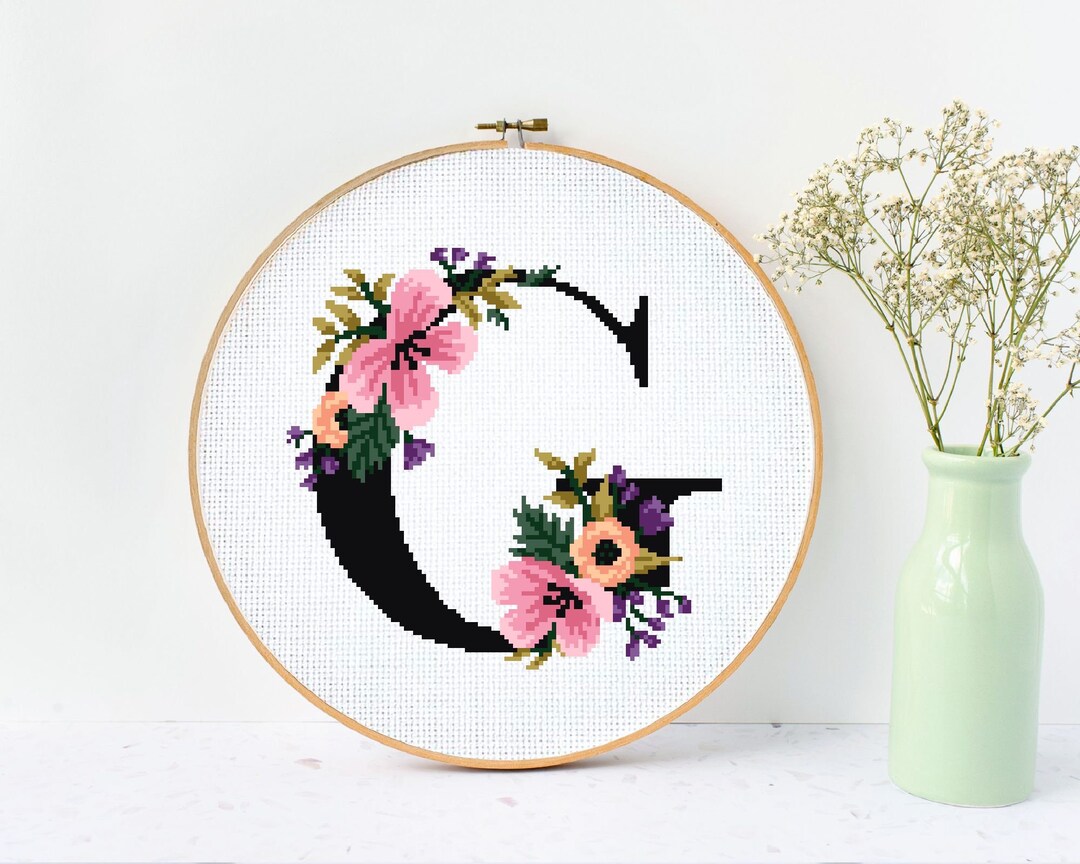 Letter G Floral Modern Cross Stitch Pattern, Flower Counted Cross ...