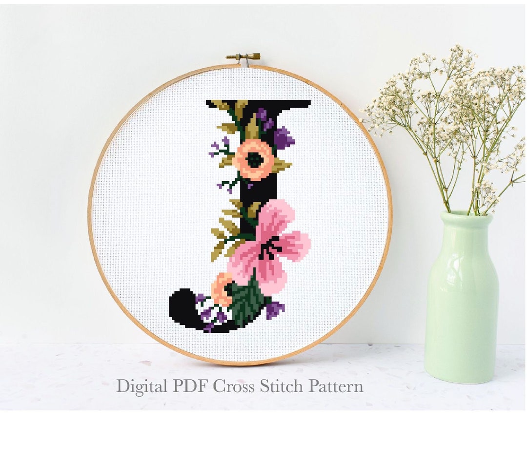 Letter J Floral Modern Cross Stitch Pattern, Flower Counted Cross ...