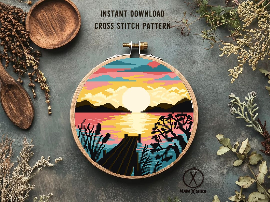 Modern Sunset Landscape Cross Stitch Pattern, Easy Nature Scene (PDF ...