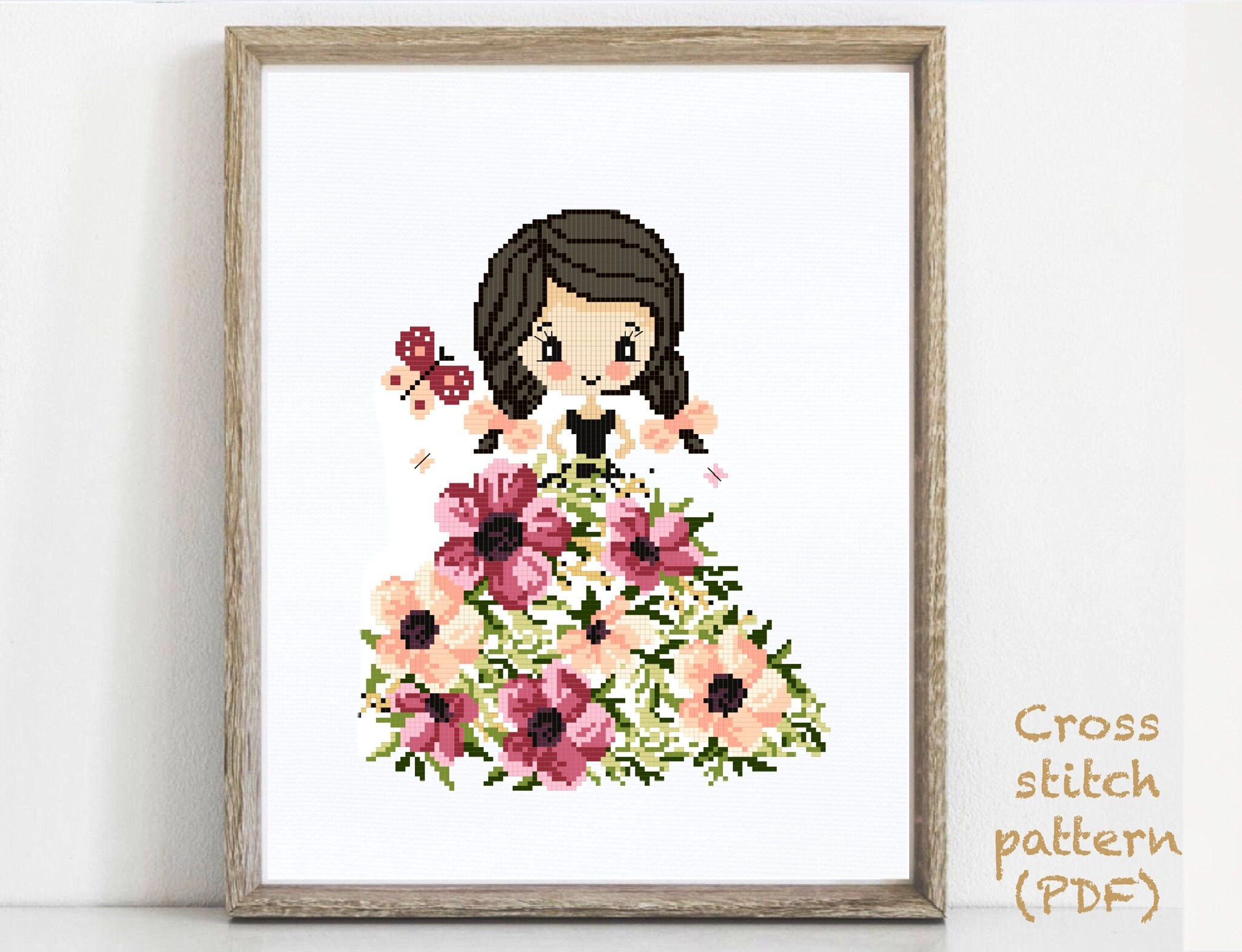 Floral Girl Modern Cross Stitch Pattern Flowers Counted Cross | Etsy