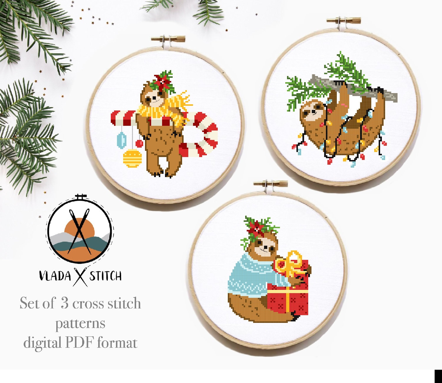 Set of 3 Christmas Sloths Modern Cross Stitch Pattern Easy - Etsy