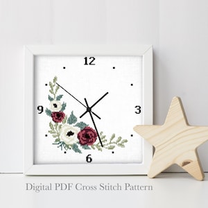 Clock Modern Cross Stitch Pattern, Cross Stitch Pattern Flowers, Nature ...