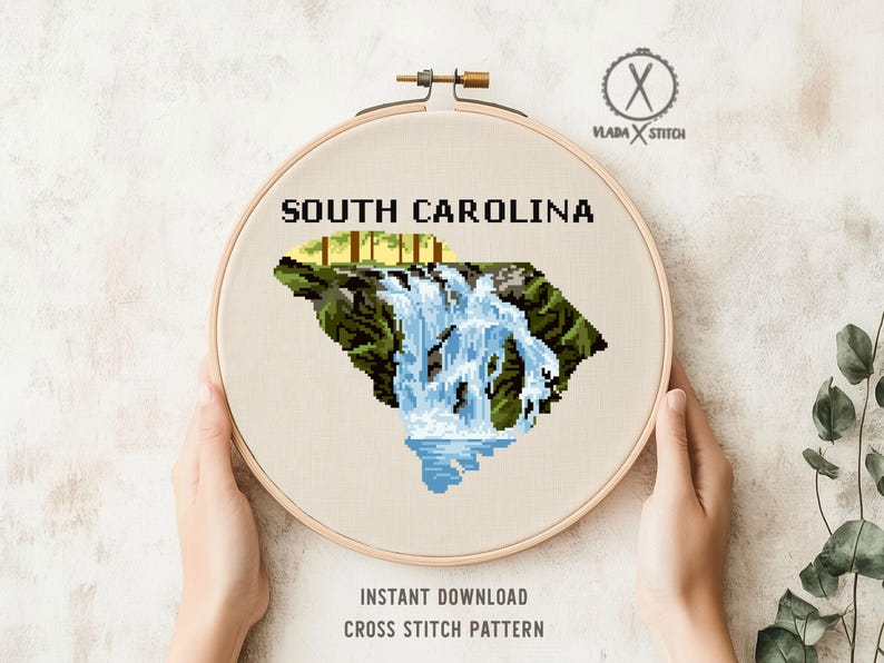 South Carolina Waterfall Cross Stitch Pattern, Palmetto State Landscape ...