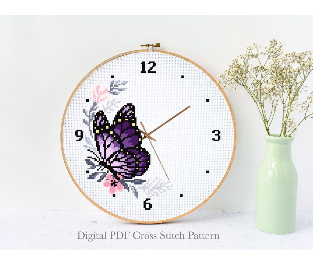 Clock Modern Cross Stitch Pattern, Cross Stitch Butterfly, Nature ...