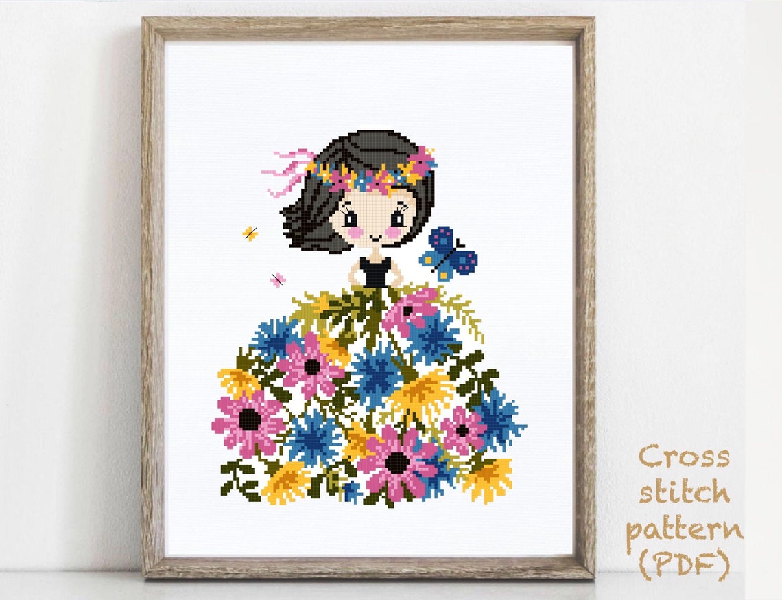 Floral Girl Modern Cross Stitch Pattern Flower Wreath | Etsy