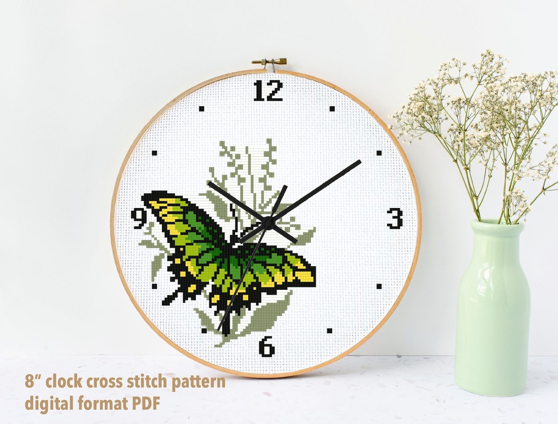 Clock Modern cross stitch pattern cross stitch butterfly | Etsy