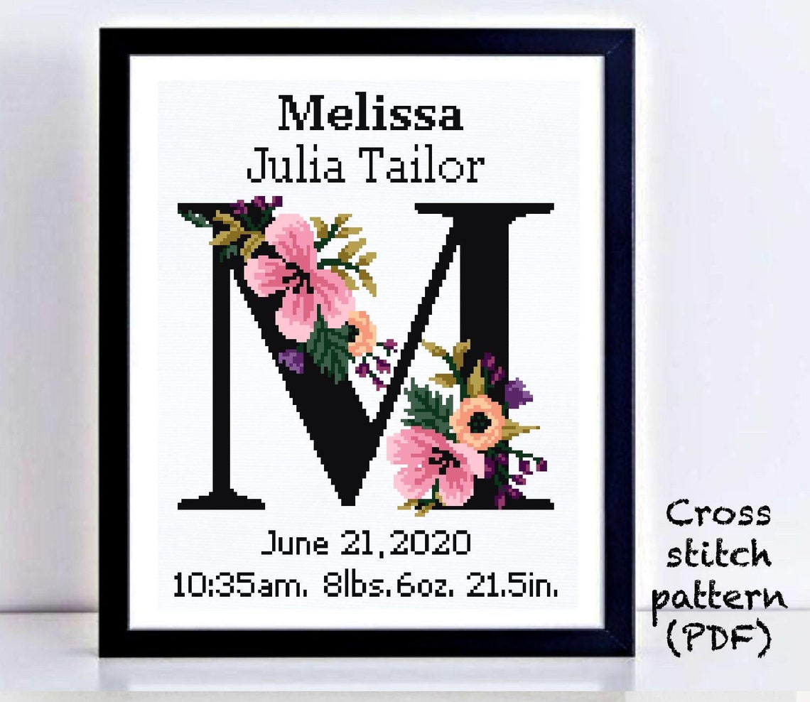 Letter M Birth Announcement Modern Cross Stitch Pattern Baby - Etsy