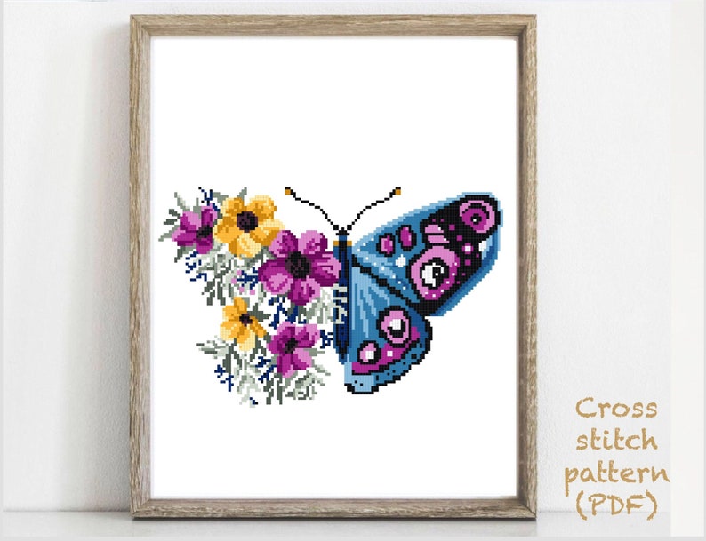 Floral Butterfly Modern Cross Stitch Pattern flowers counted | Etsy