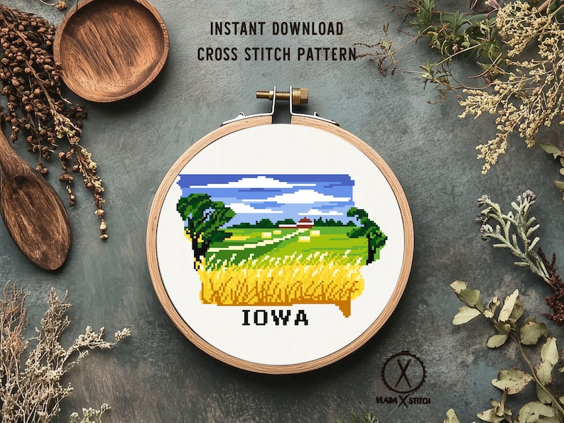 Iowa State Cross Stitch Pattern, Modern Landscape Embroidery (PDF ...