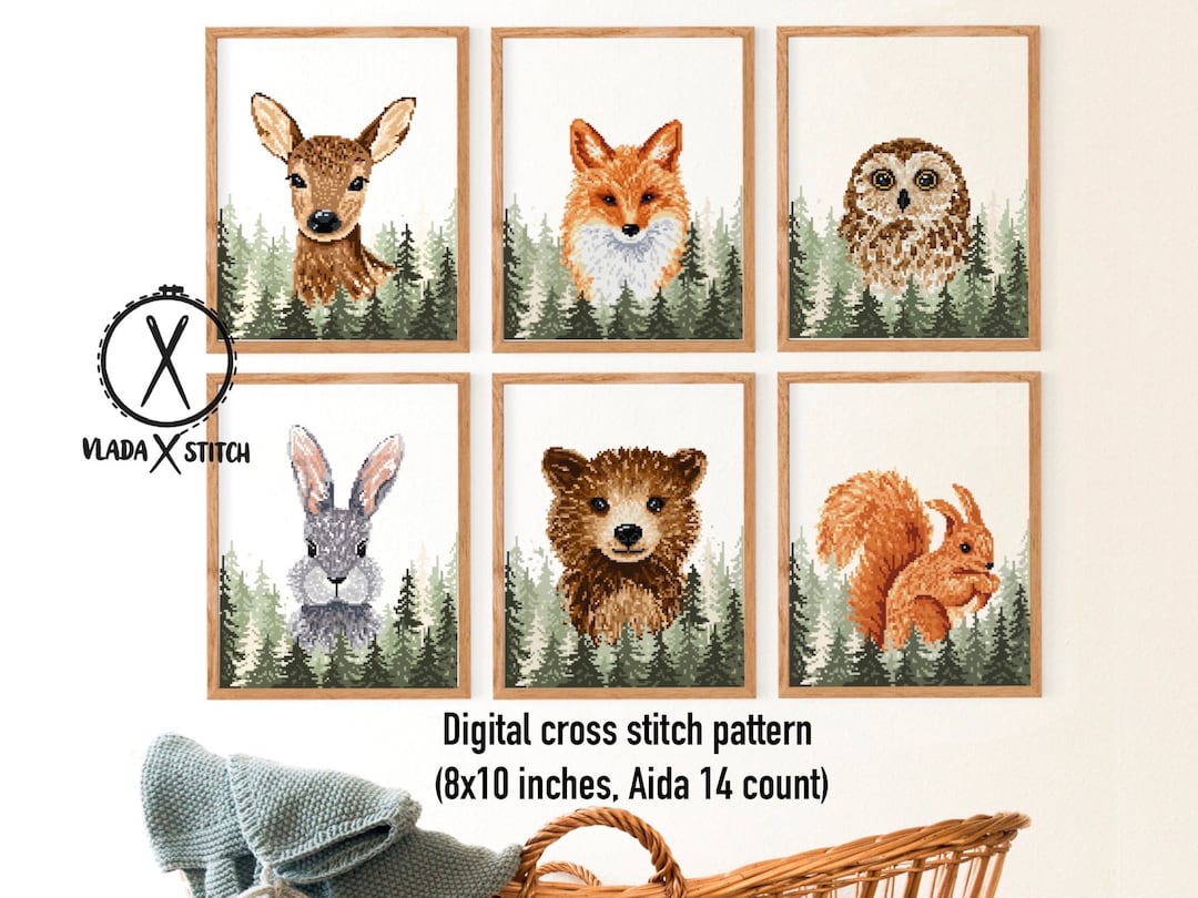 Set of 6 Animals Modern Cross Stitch Pattern, Bear, Deer, Fox, Rabbit ...