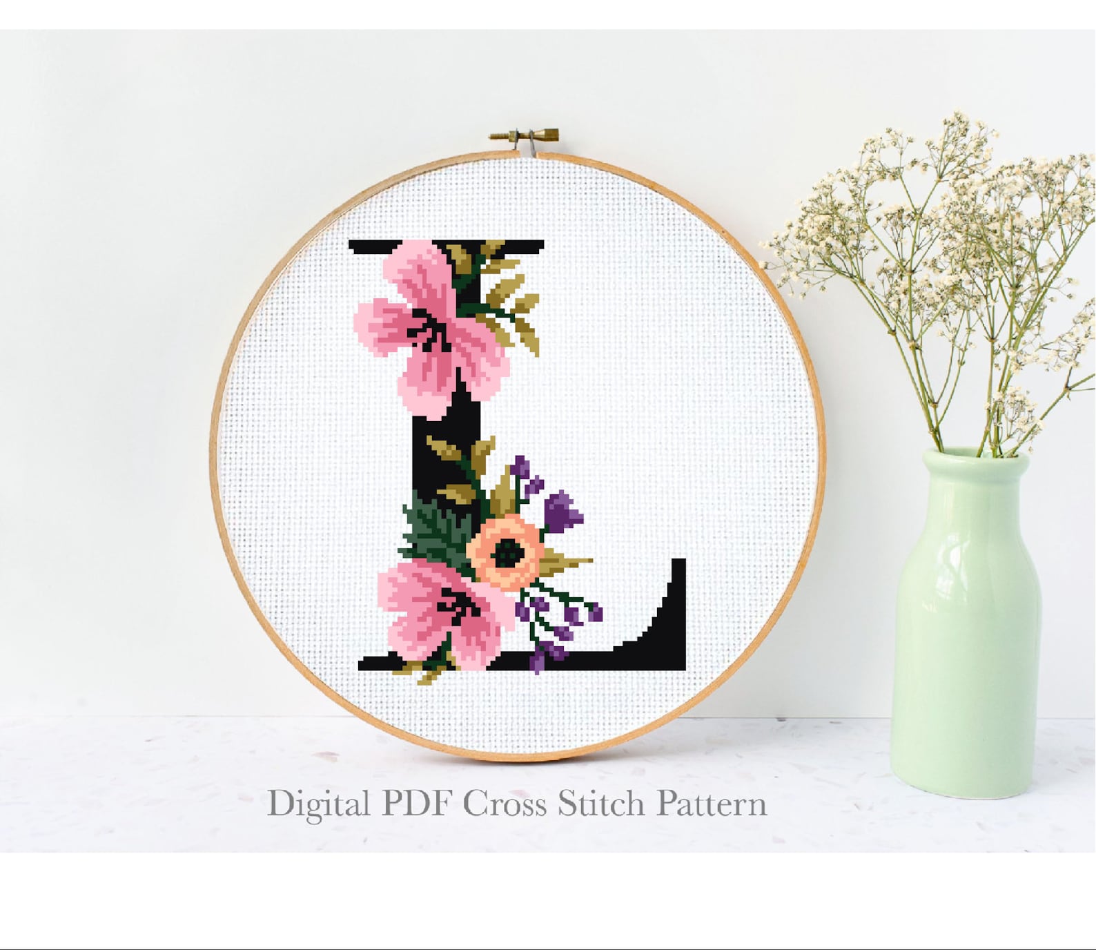 Letter L Floral Modern Cross Stitch Pattern, Flower Counted Cross ...