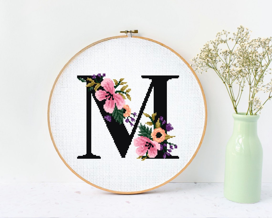 Letter M Floral Modern Cross Stitch Pattern Flowers Counted - Etsy