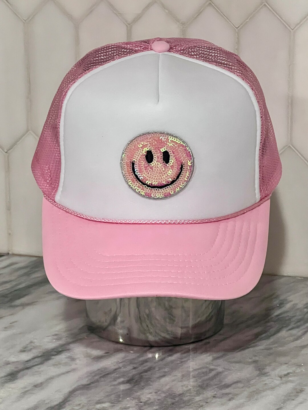 Smiley Face Patch Hat, Smiley Face Trucker Hat, Smiley Face Hat, Trucker Hat, Pink Hat, Sequin ...