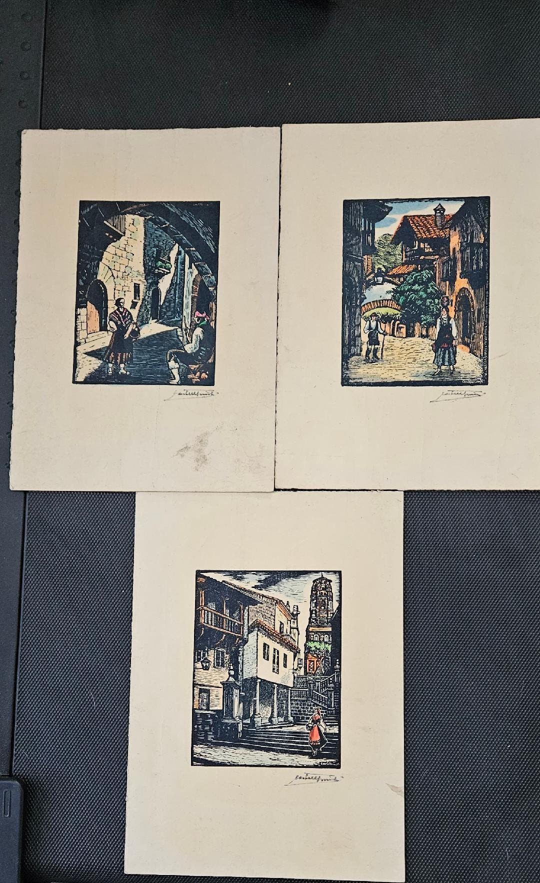 Set of 3 Antique JUAN CASTELLS MARTI Colored Woodblock Prints Signed ...