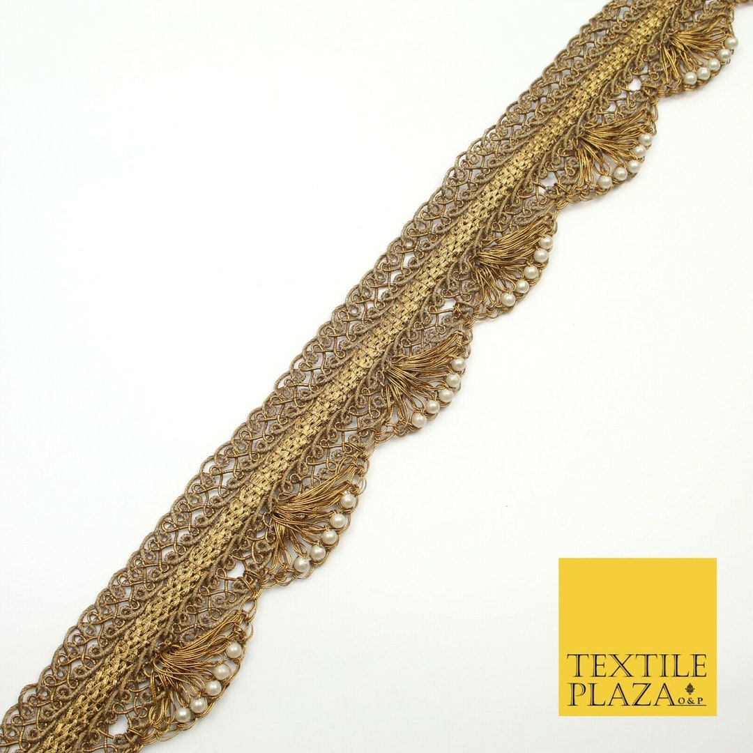 Antique Gold Intricate Pearl Swag Trimming Border Ethnic Pankhi Scallop ...