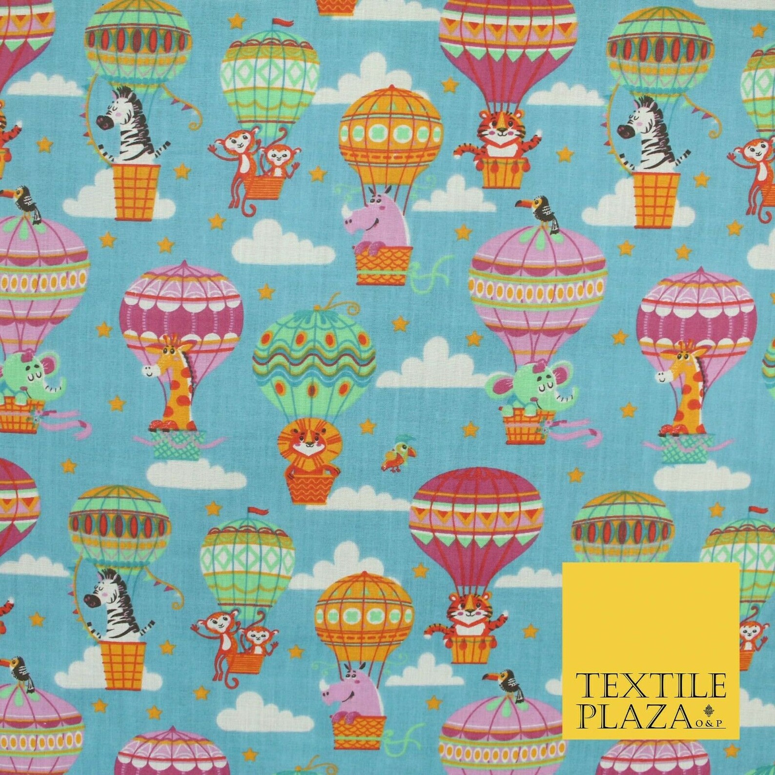Fun Jungle Animals Hot Air Balloon Clouds Printed Polycotton - Etsy