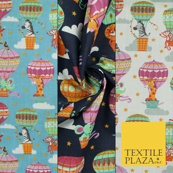 Fun Jungle Animals Hot Air Balloon Clouds Printed Polycotton | Etsy