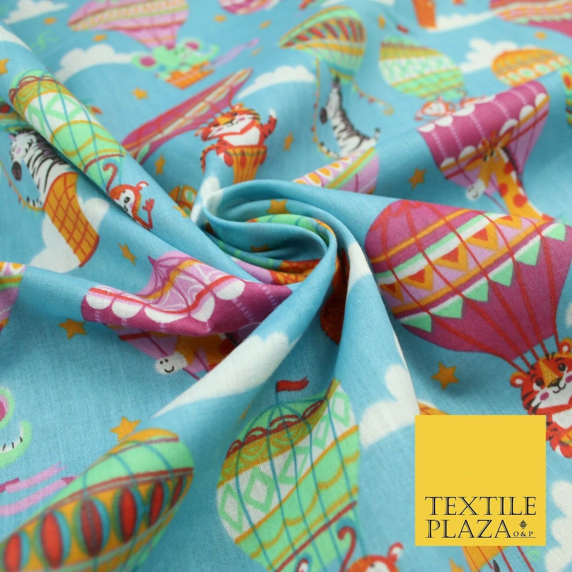 Fun Jungle Animals Hot Air Balloon Clouds Printed Polycotton | Etsy