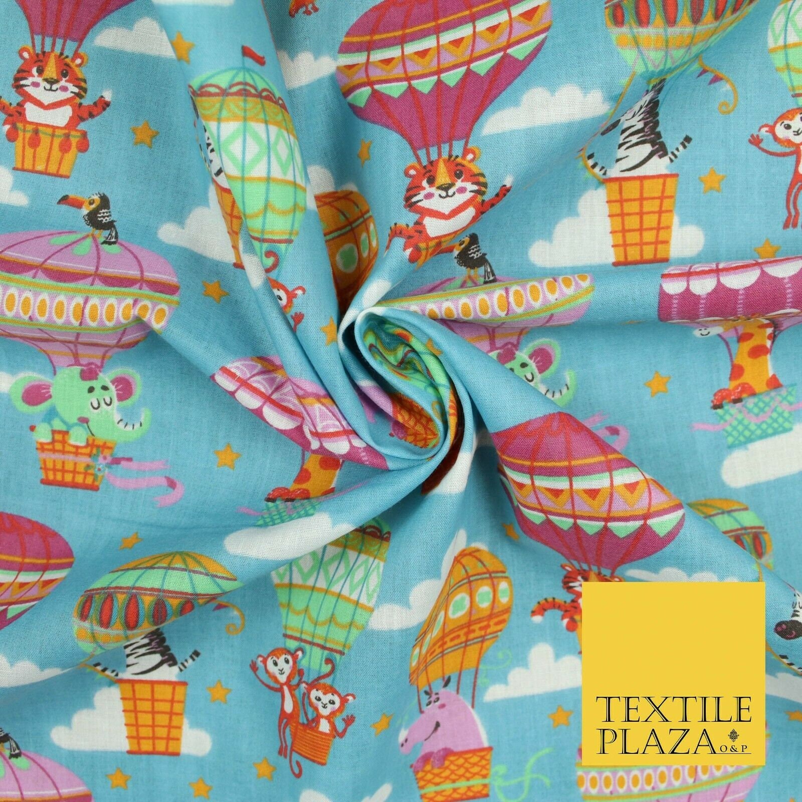 Fun Jungle Animals Hot Air Balloon Clouds Printed Polycotton | Etsy