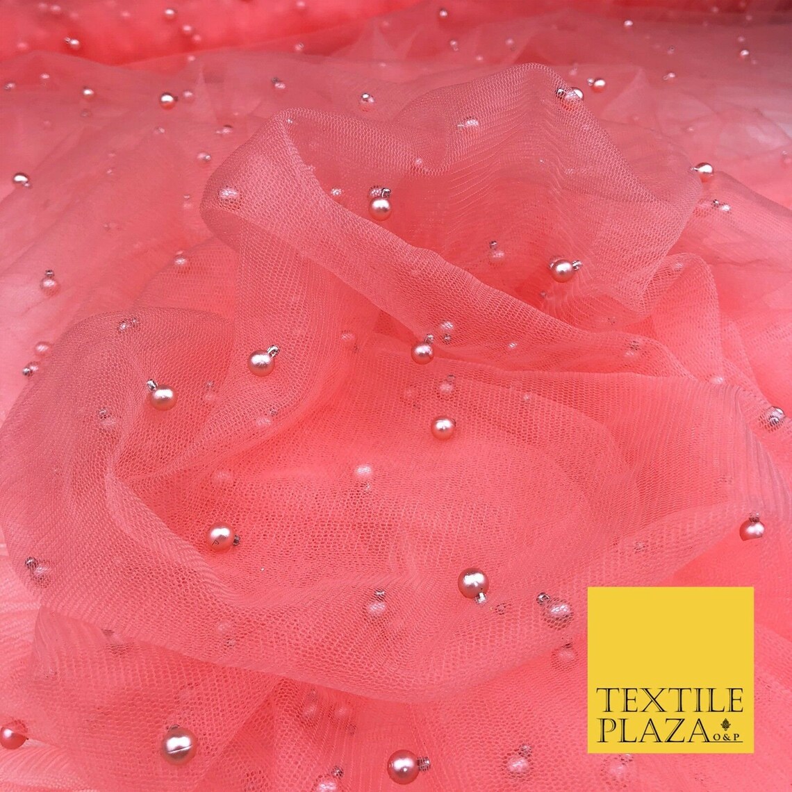 Coral Salmon Pink Studded Pearl Mesh Net Fabric Bridal Sheer - Etsy