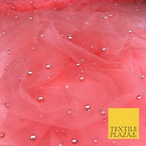 Coral Salmon Pink Studded Pearl Mesh Net Fabric Bridal Sheer - Etsy