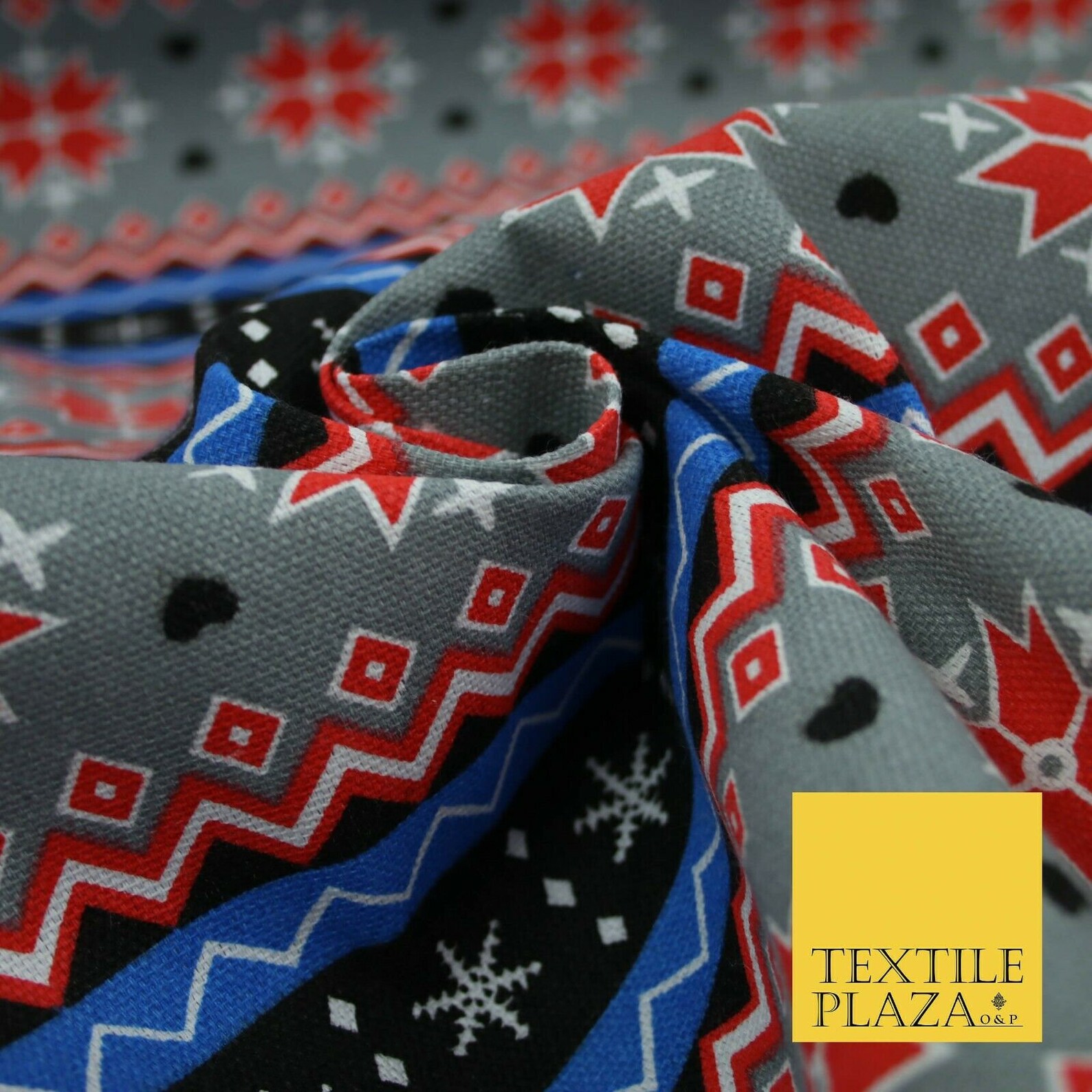 Grey Red Black Wacky Fair Isle Zig Zag Stripe Printed Cotton Canvas ...