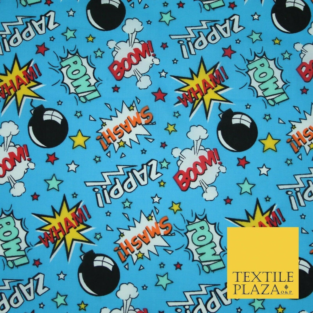 Blue Pow Zapp Wham Kids Cartoon Comic Book Bomb Printed Polycotton ...
