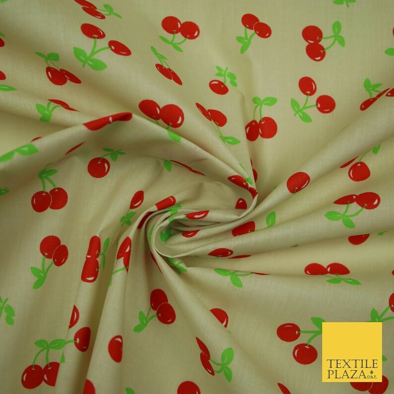 Ecru Cream Cherry 2 Cherries Printed Poly Cotton Fabric - Etsy